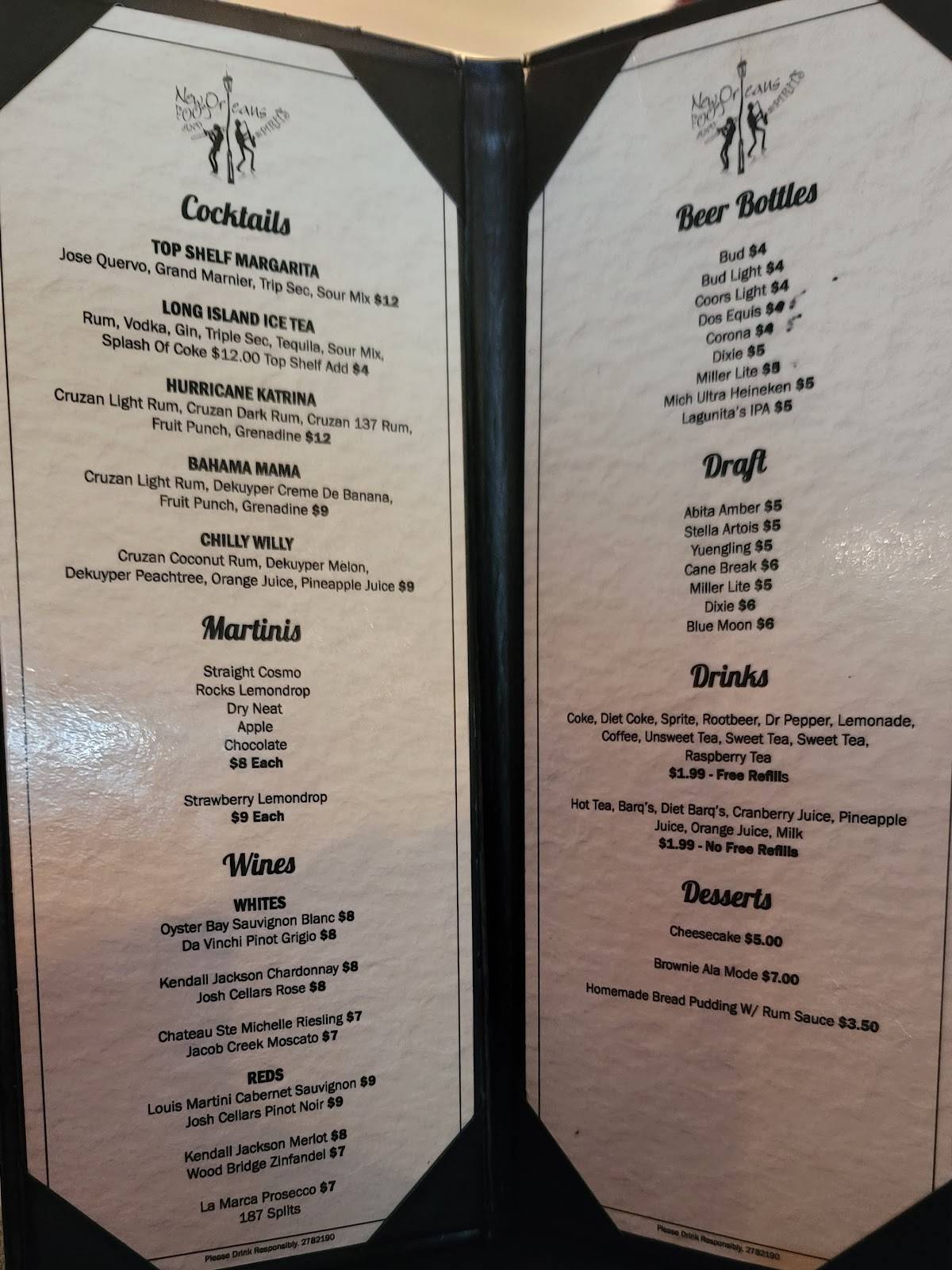 Menu at New Orleans Food & Spirits restaurant, Metairie, 210 Metairie ...