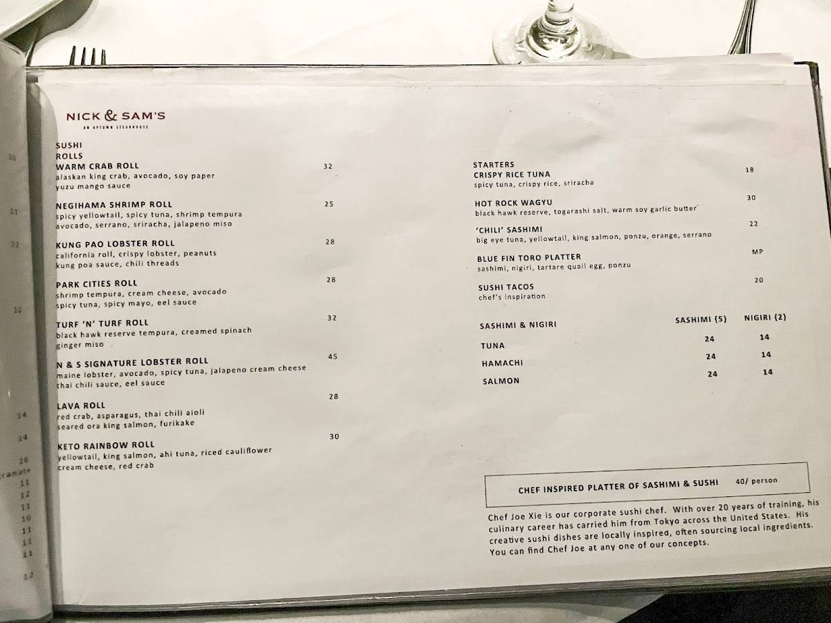 Menu at Nick & Sam's steakhouse, Dallas, Maple Ave