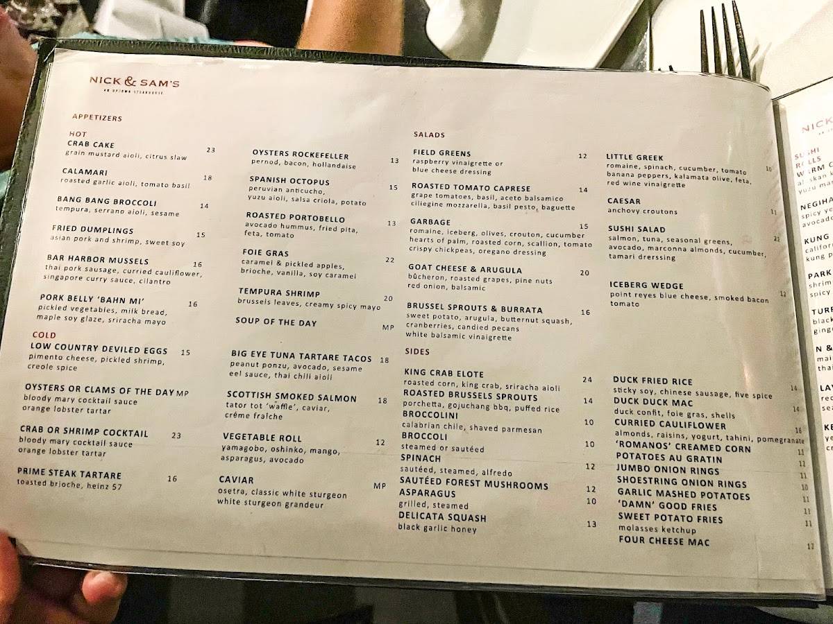 Menu at Nick & Sam's steakhouse, Dallas, Maple Ave
