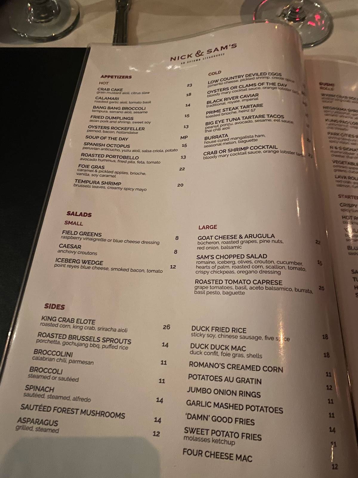 Menu at Nick & Sam's steakhouse, Dallas, Maple Ave