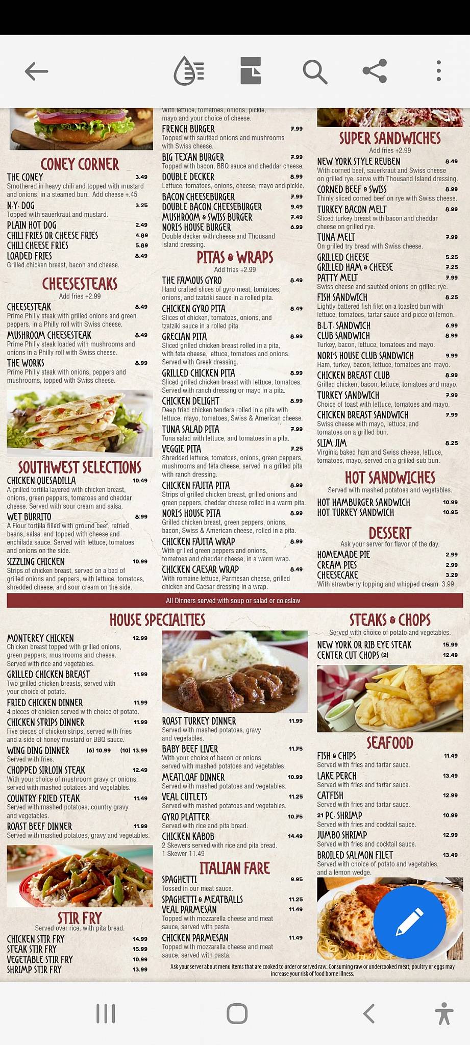 Menu at Nori's Restaurant, Auburn