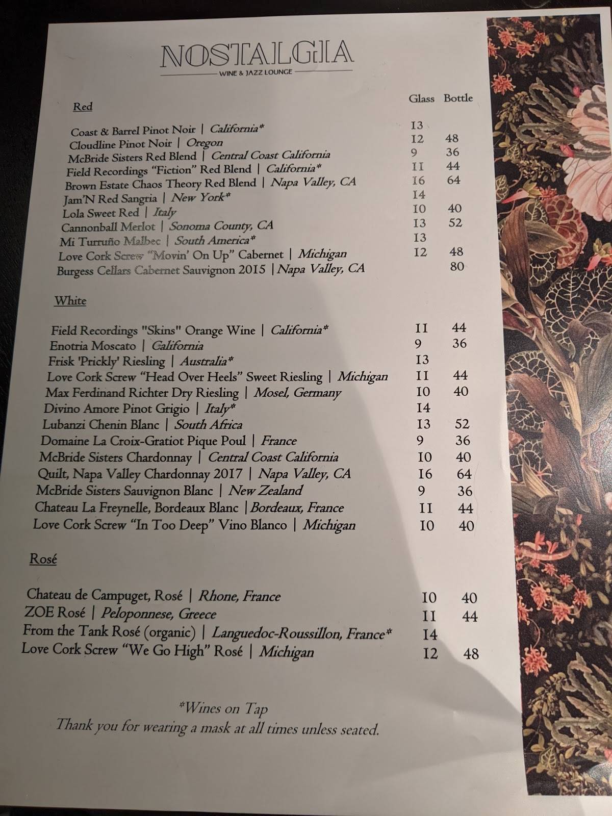 Menu at Nostalgia Wine & Jazz Lounge pub & bar, Cincinnati