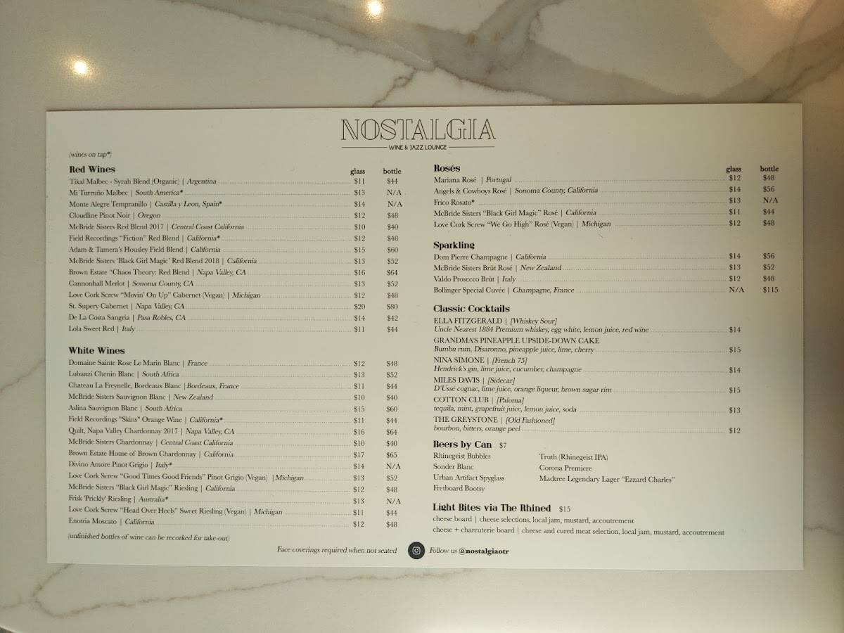 Menu at Nostalgia Wine & Jazz Lounge pub & bar, Cincinnati