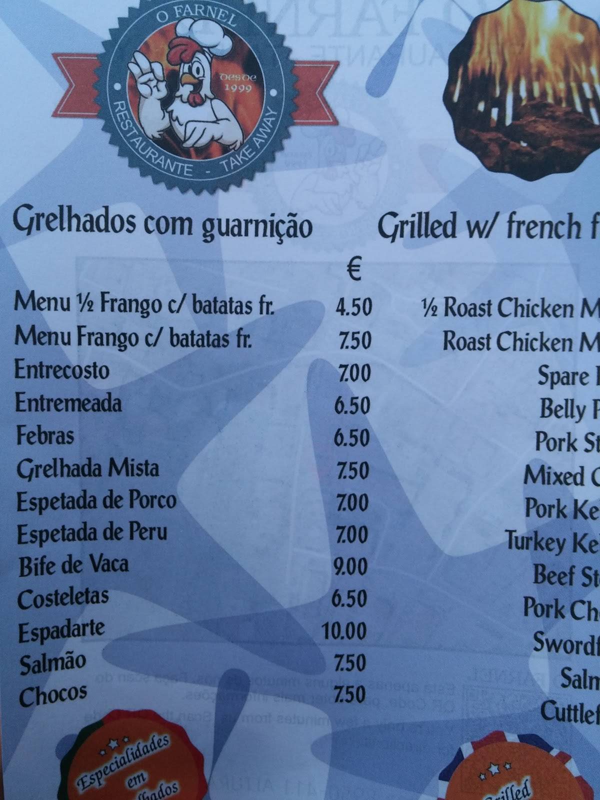 Menu em O Farnel restaurante, Altura
