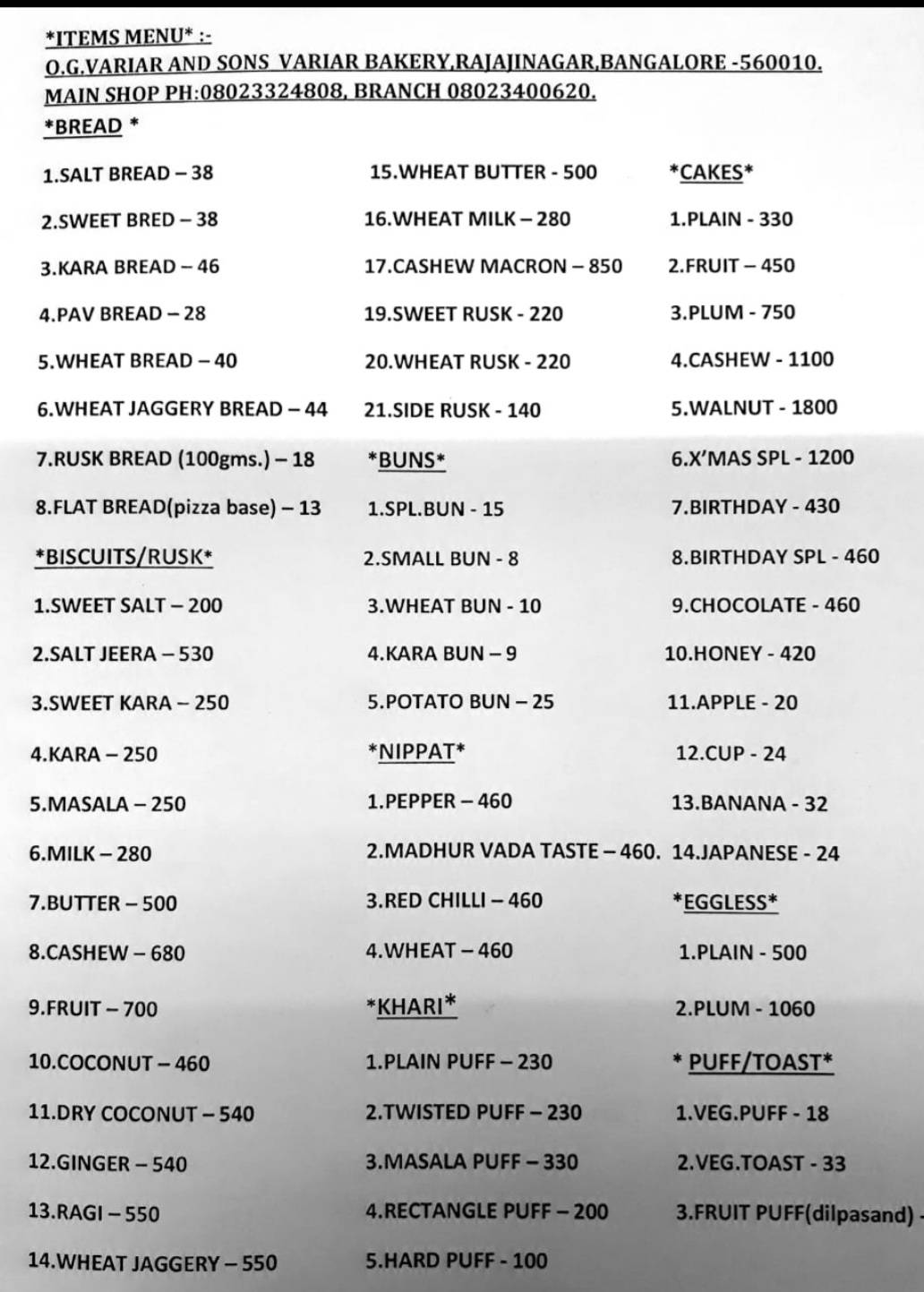 Menu at O.G. Variar and Sons, Variar Bakery, Bengaluru, 68 1'st Main Road