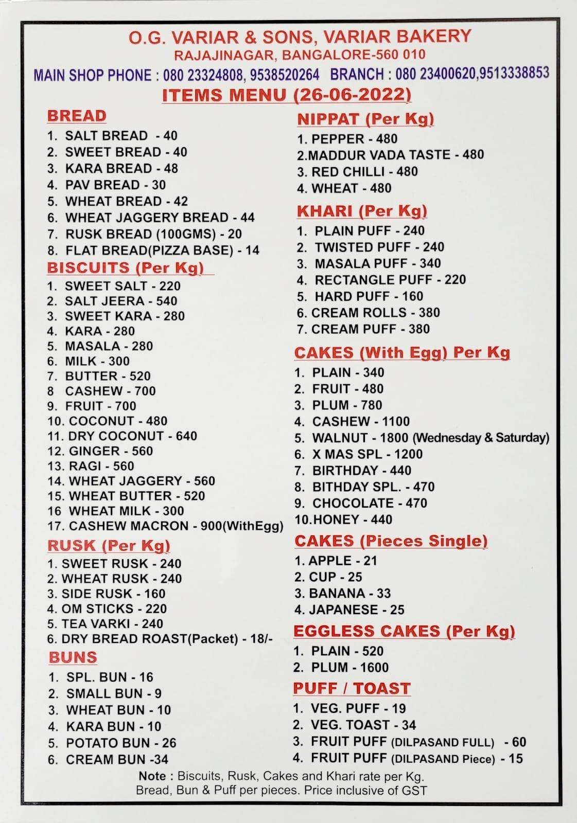 Menu at O.G. Variar and Sons, Variar Bakery, Bengaluru, 68 1'st Main Road