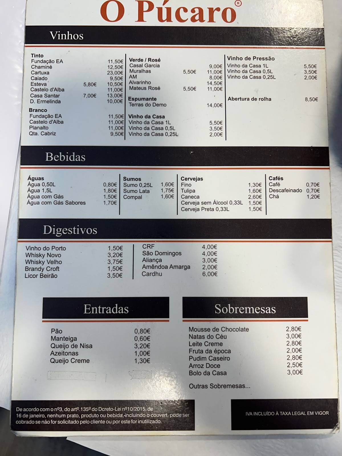 Menu em O Púcaro restaurante, Aveiro