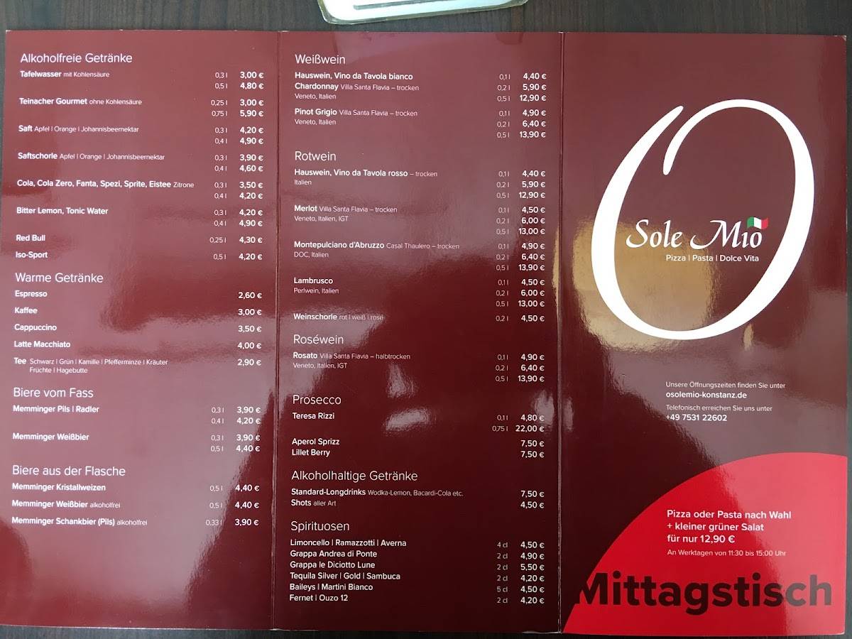 Speisekarte von O Sole Mio pizza, Konstanz