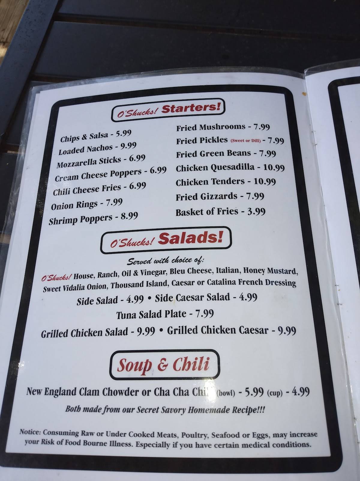 Menu at O'Shucks Oyster Bar & Grill, Wildwood