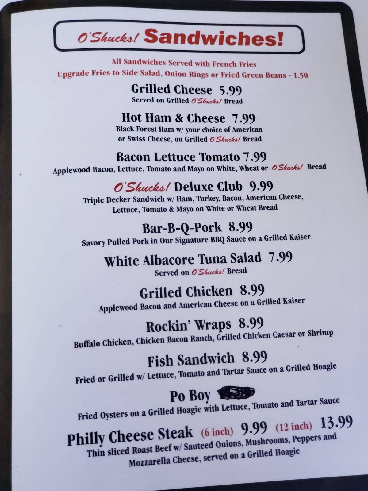 Menu at O'Shucks Oyster Bar & Grill, Wildwood
