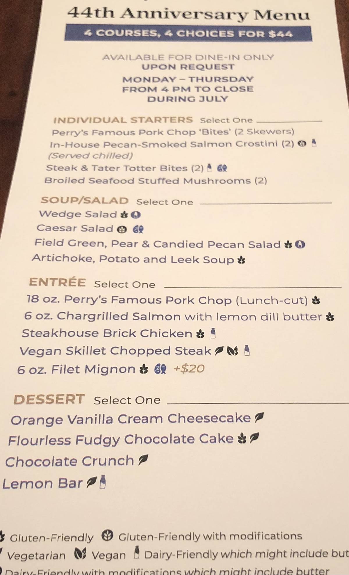Menu at Perry's Steakhouse & Grille, Oak Brook
