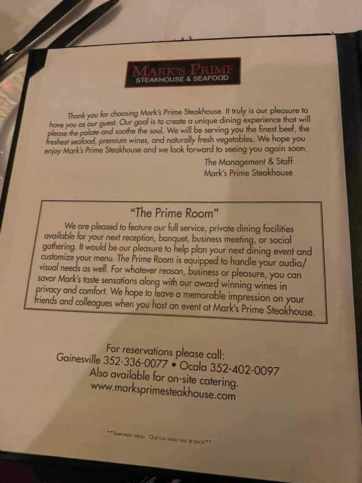 Menu at Mark's Prime Steakhouse, Ocala