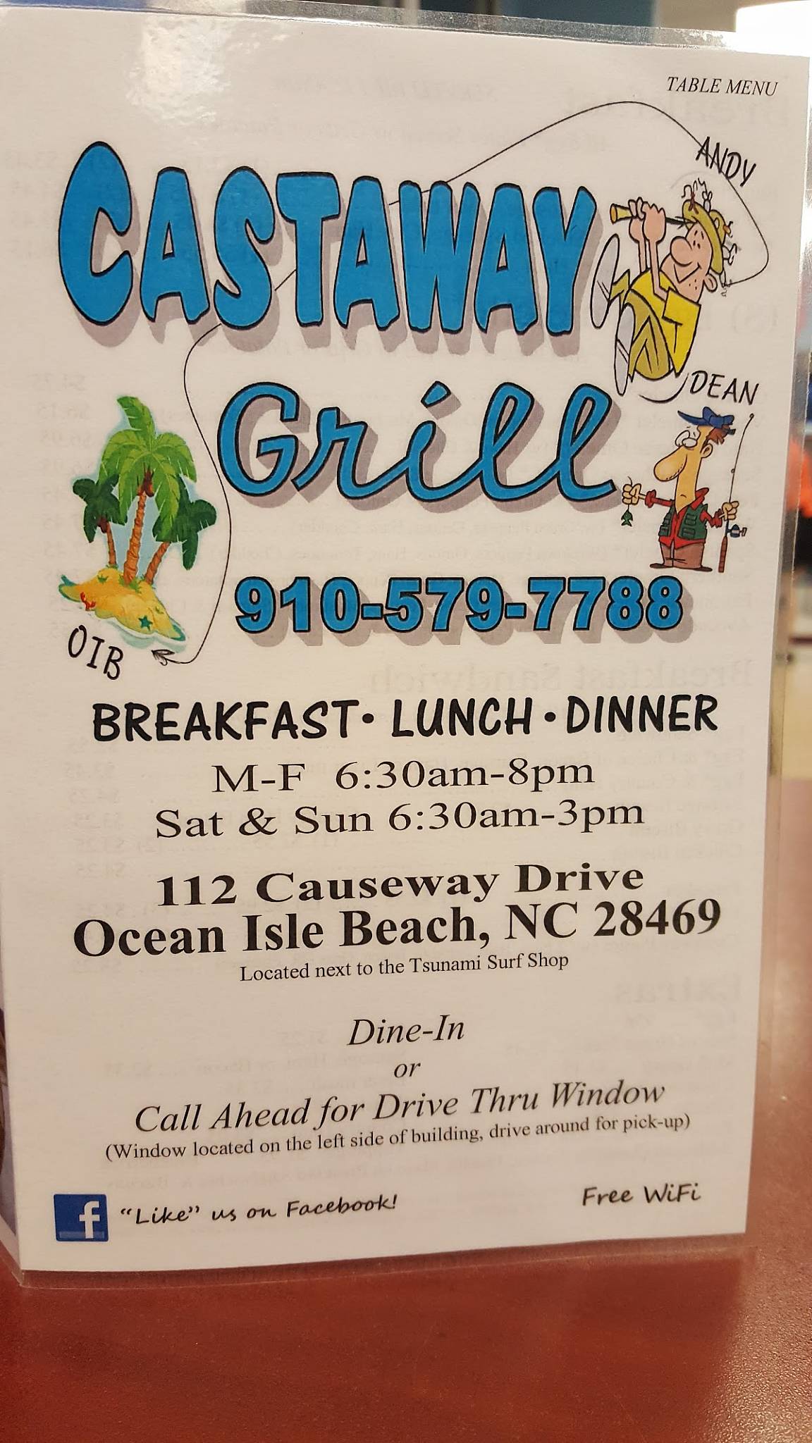 Menu at Castaway Grill restaurant, Ocean Isle Beach