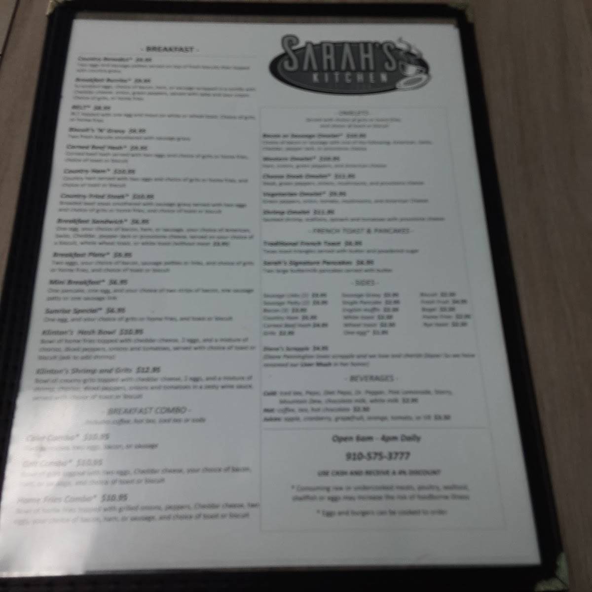 Menu at Sarah's Kitchen restaurant, Ocean Isle Beach