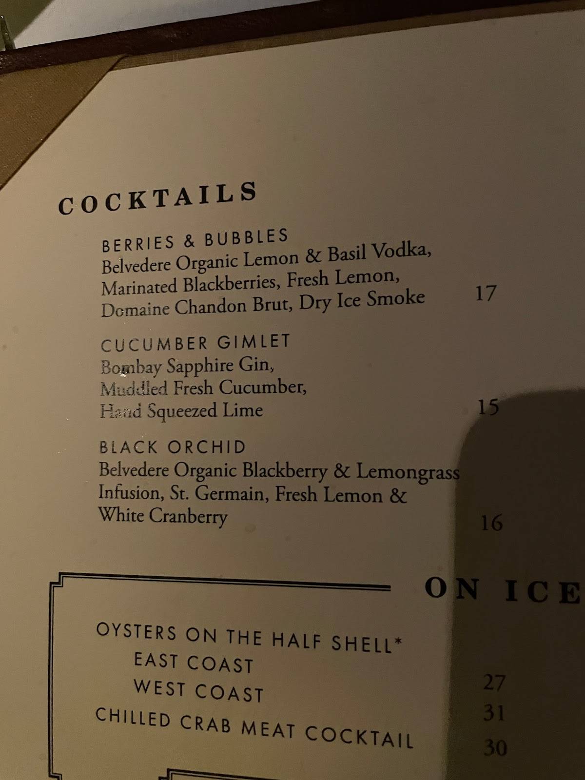 Menu at Ocean Prime steakhouse, Denver, Larimer St