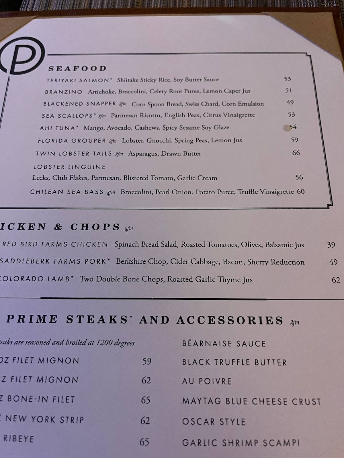 Menu at Ocean Prime steakhouse, Denver, Larimer St