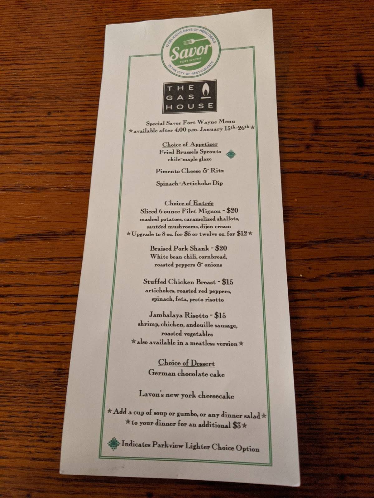 Menu at Old Gas House Restaurant, Fort Wayne