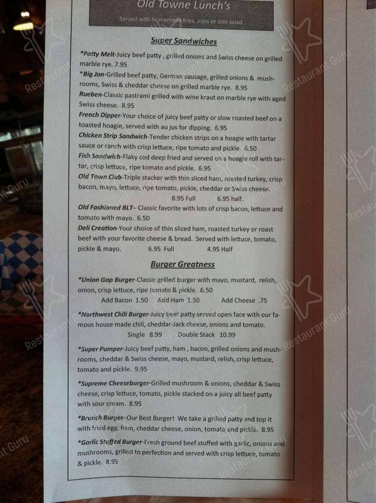 Menu at Old Town Pump Saloon pub & bar, Union Gap