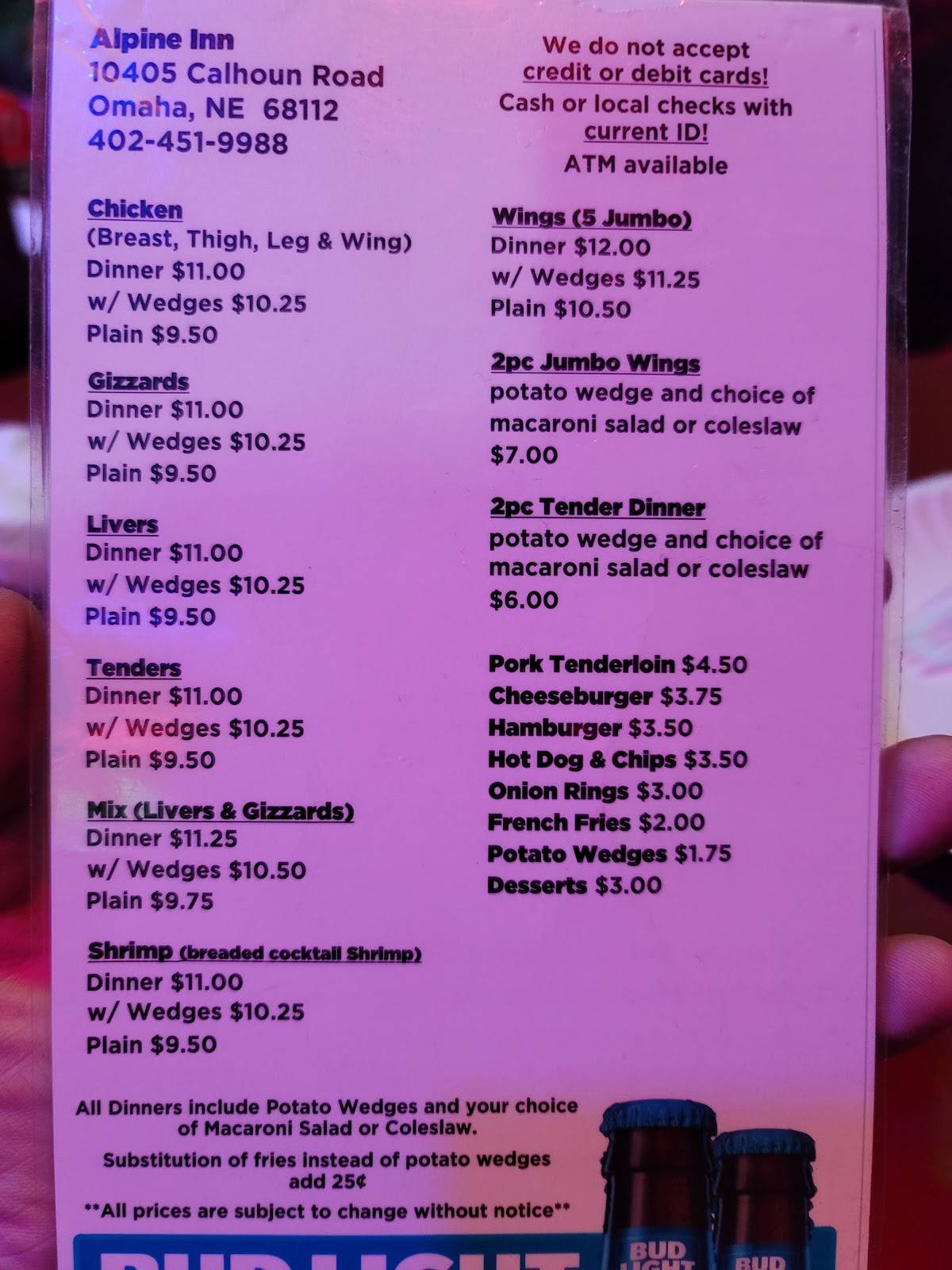 Menu at Alpine Inn pub & bar, Omaha