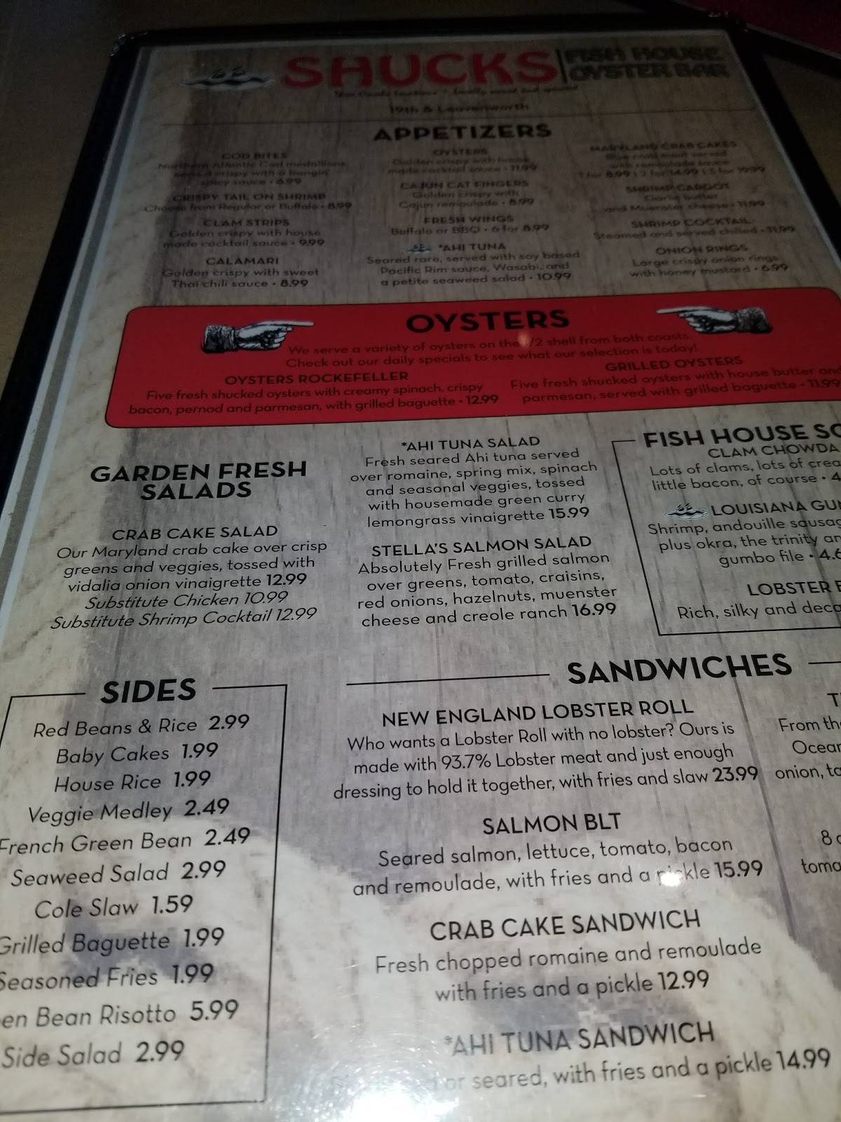 Menu at Shucks Fish House & Oyster Bar, Omaha, Leavenworth St