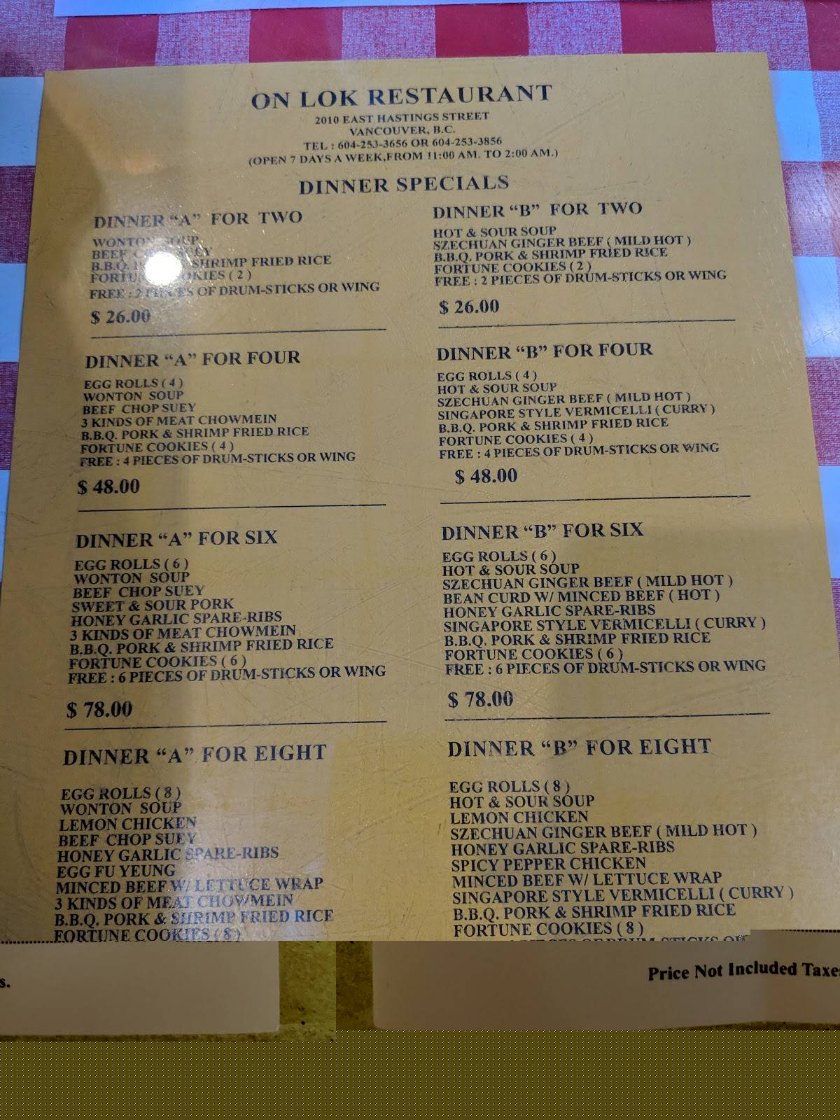 Menu at On Lok Restaurant & Won-ton House, Vancouver