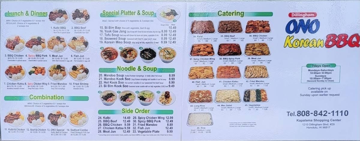 Menu at Ono Korean BBQ, Honolulu