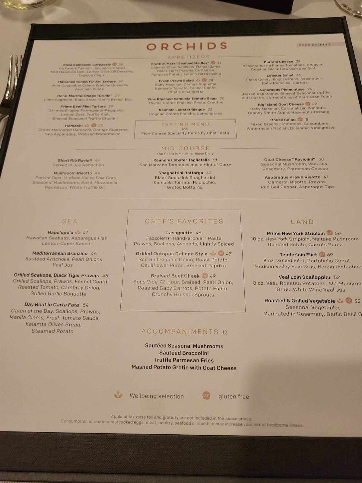 Menu at Orchids restaurant, Honolulu