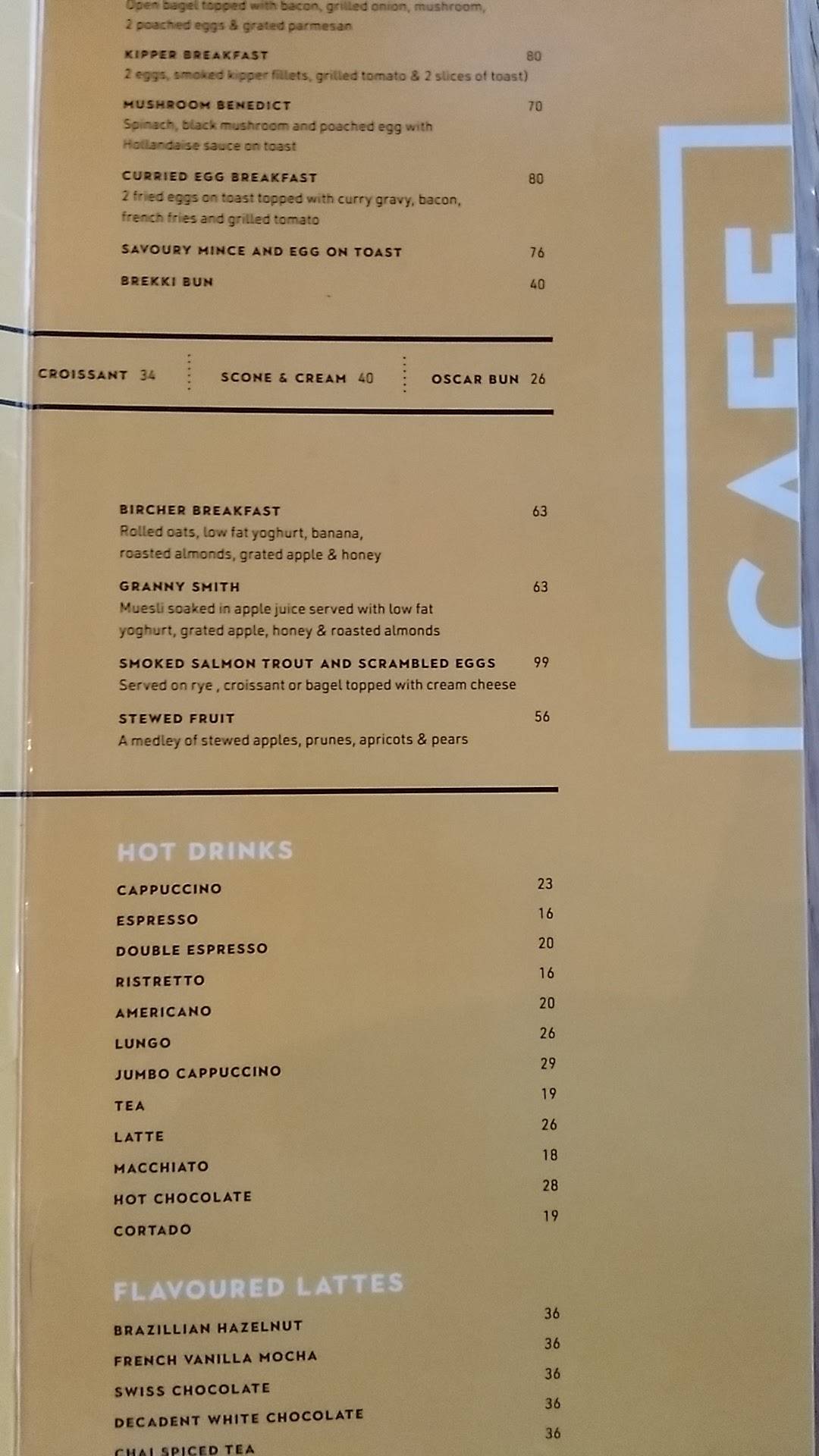 Menu at Oscars Cafe, Outer West Durban