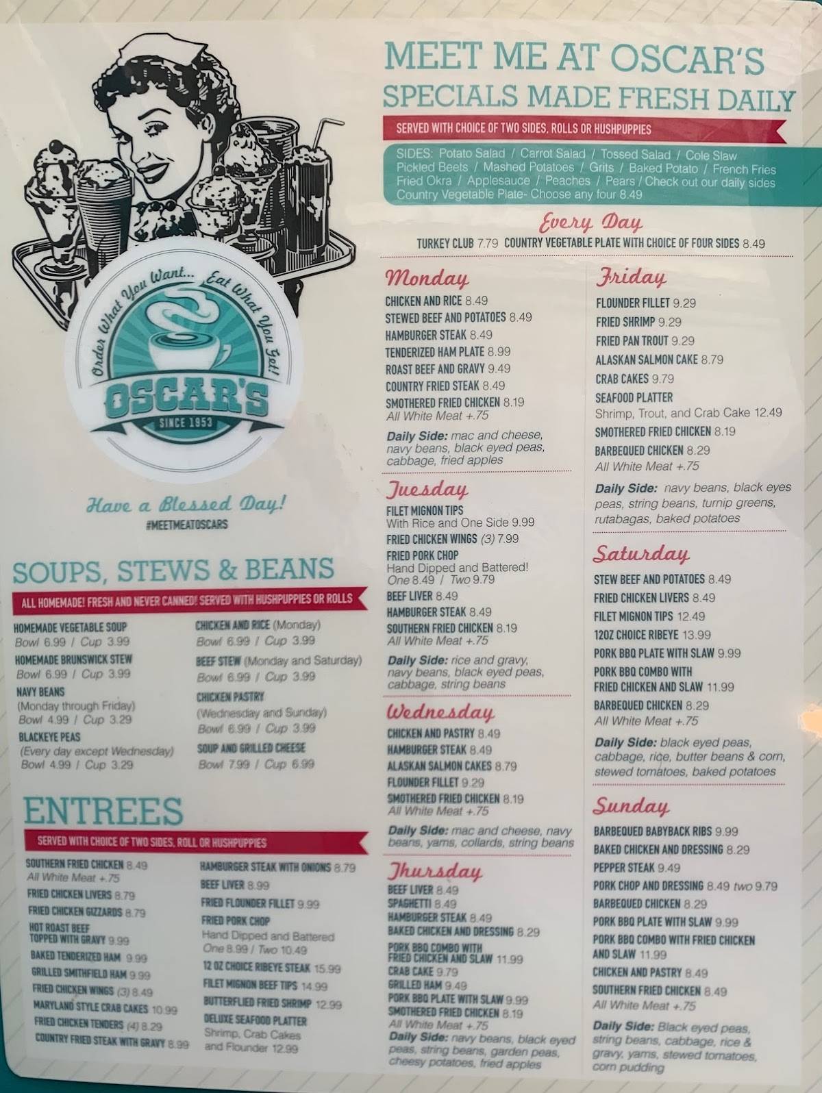 Menu at Oscar's Restaurant, Roanoke Rapids