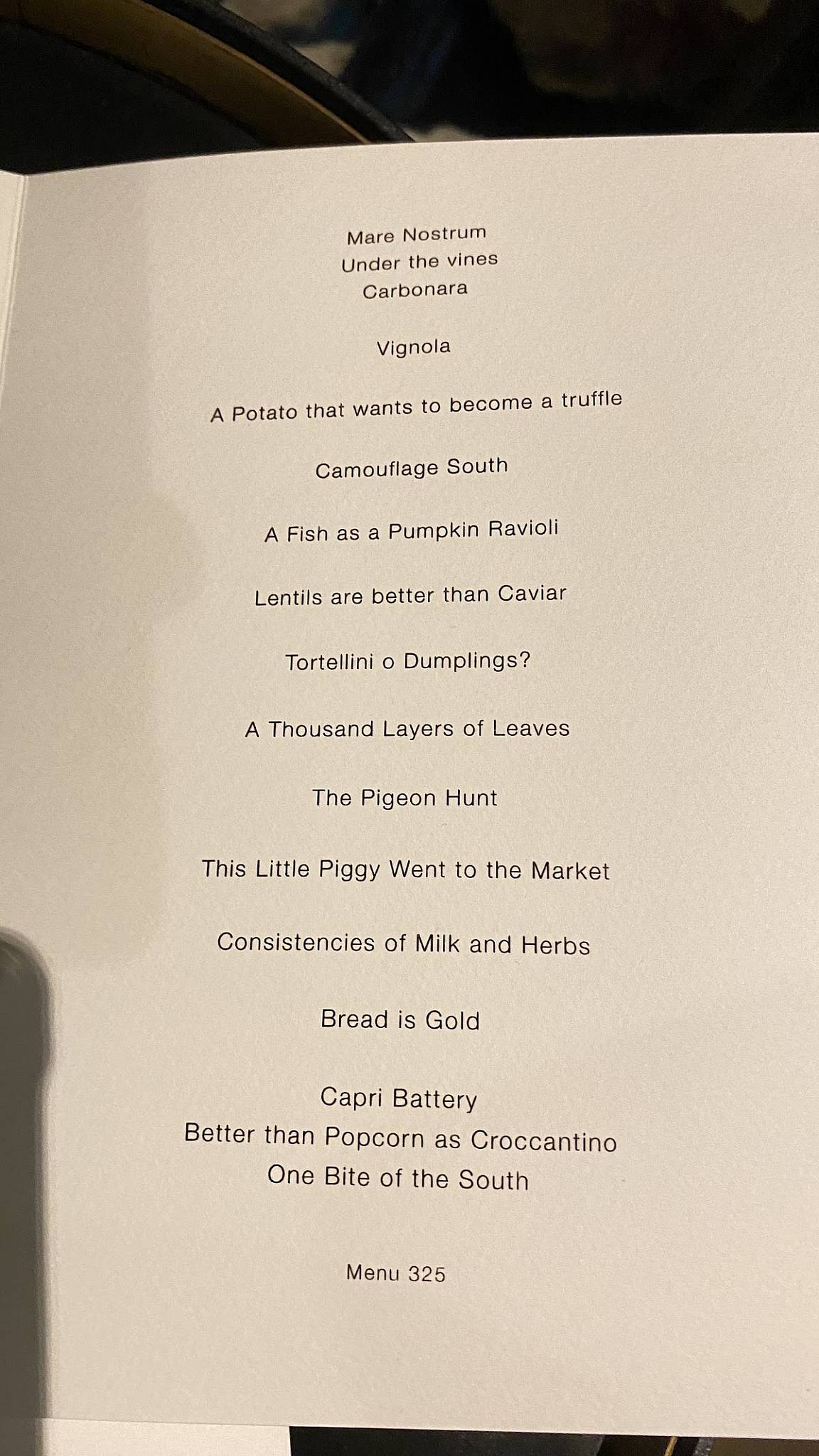 Menu at Osteria Francescana restaurant, Modena