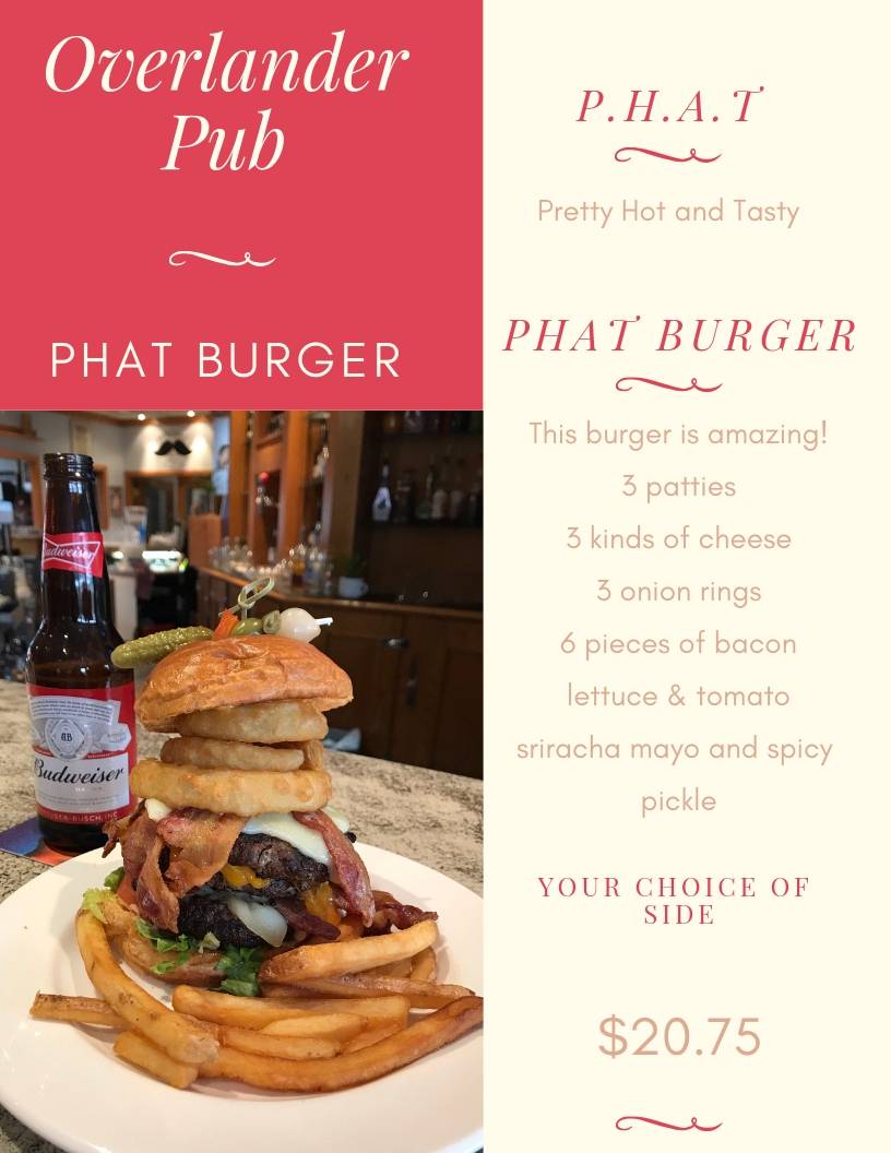 Menu at Overlander Pub, Williams Lake