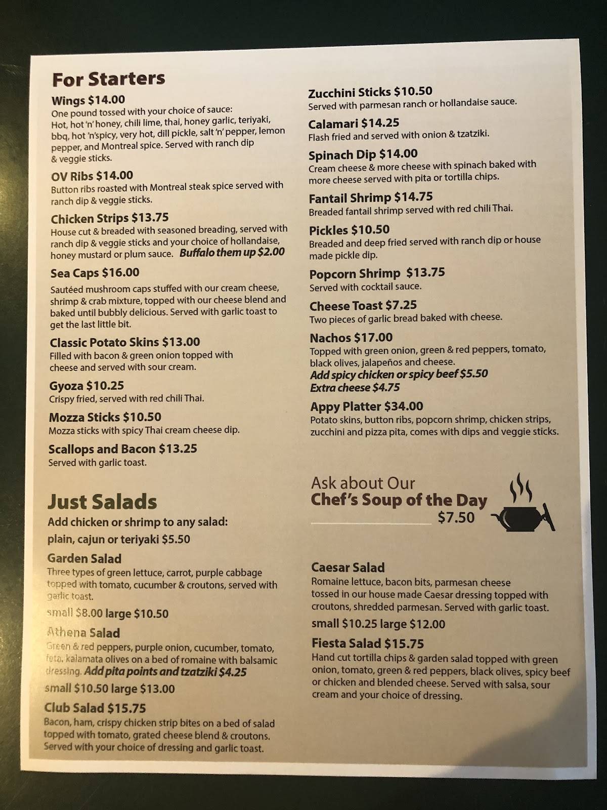 Menu at Overlander Pub, Williams Lake