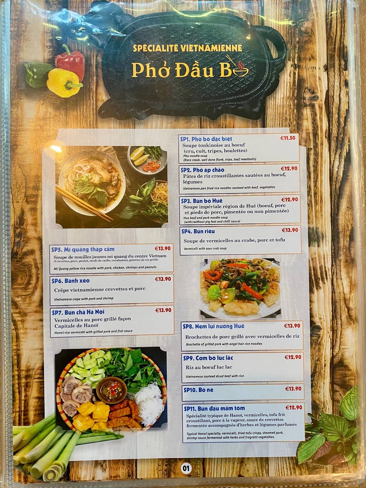 Menu au PHO DAU BO restaurant, Paris