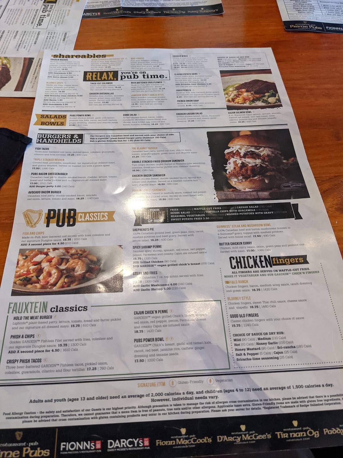 Menu at Paddy Flaherty's pub & bar, Sarnia