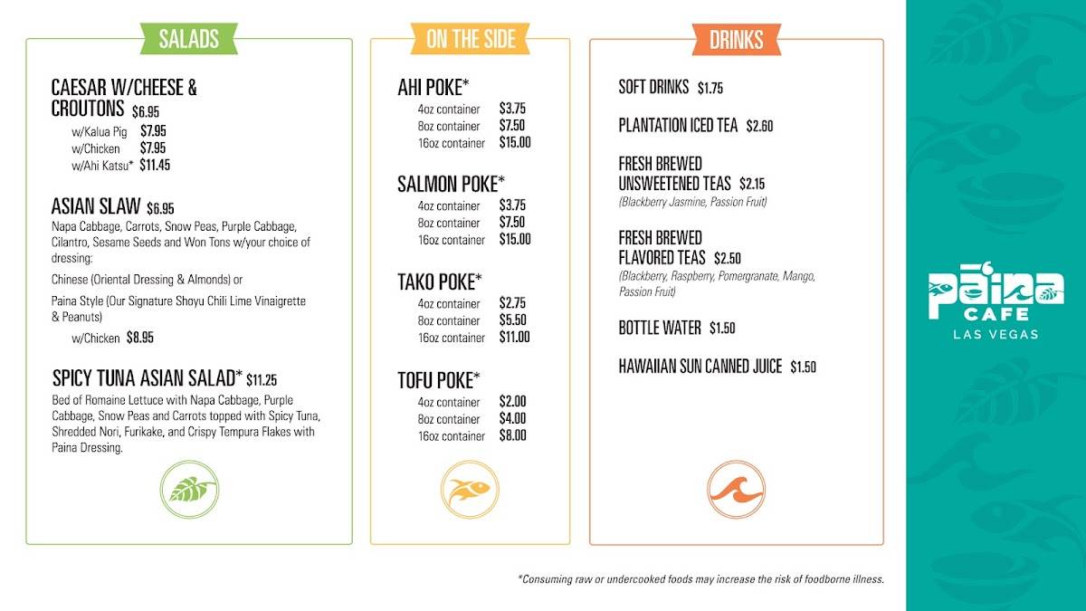 Menu at Paina Cafe, Las Vegas