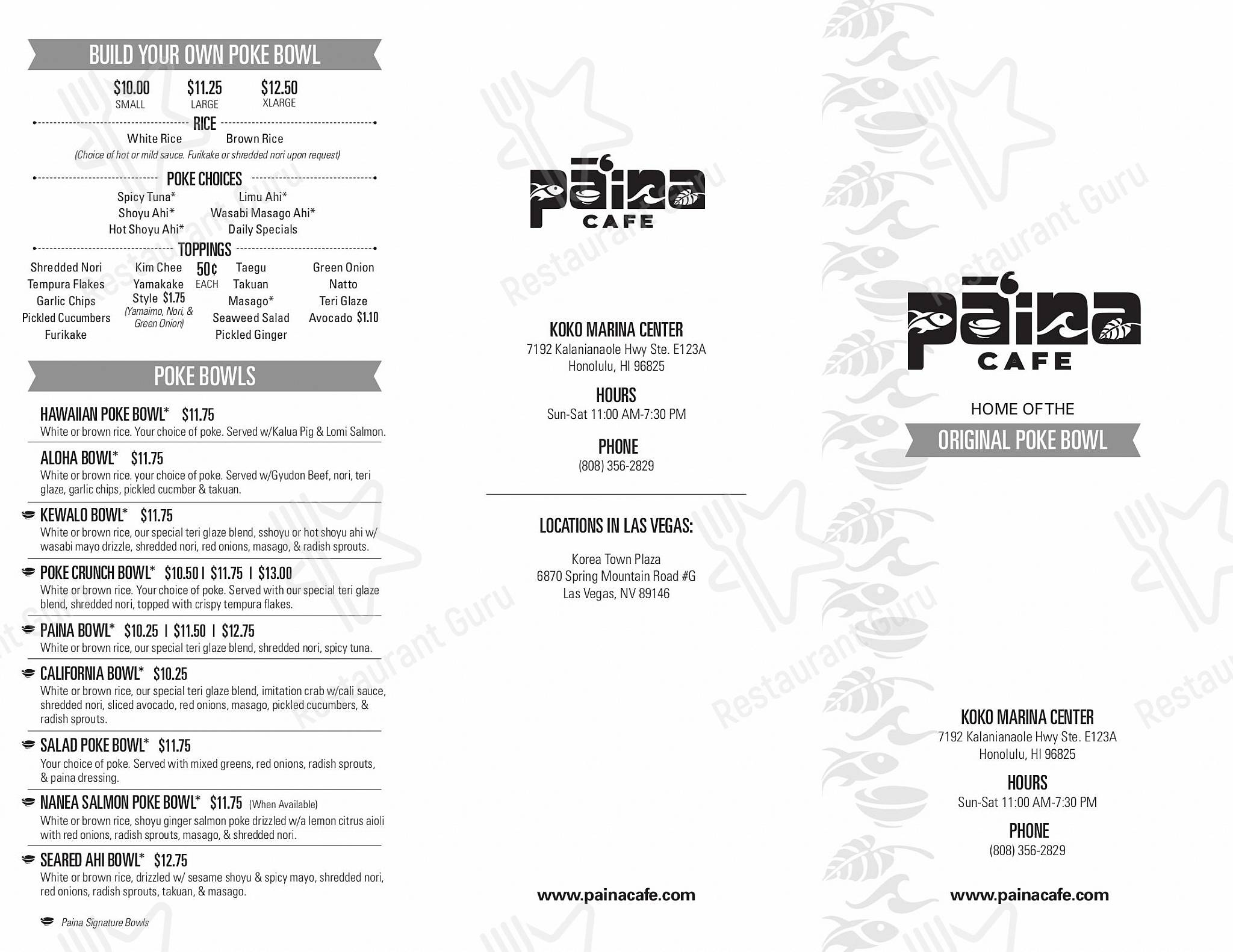 Menu at Paina Cafe, Las Vegas