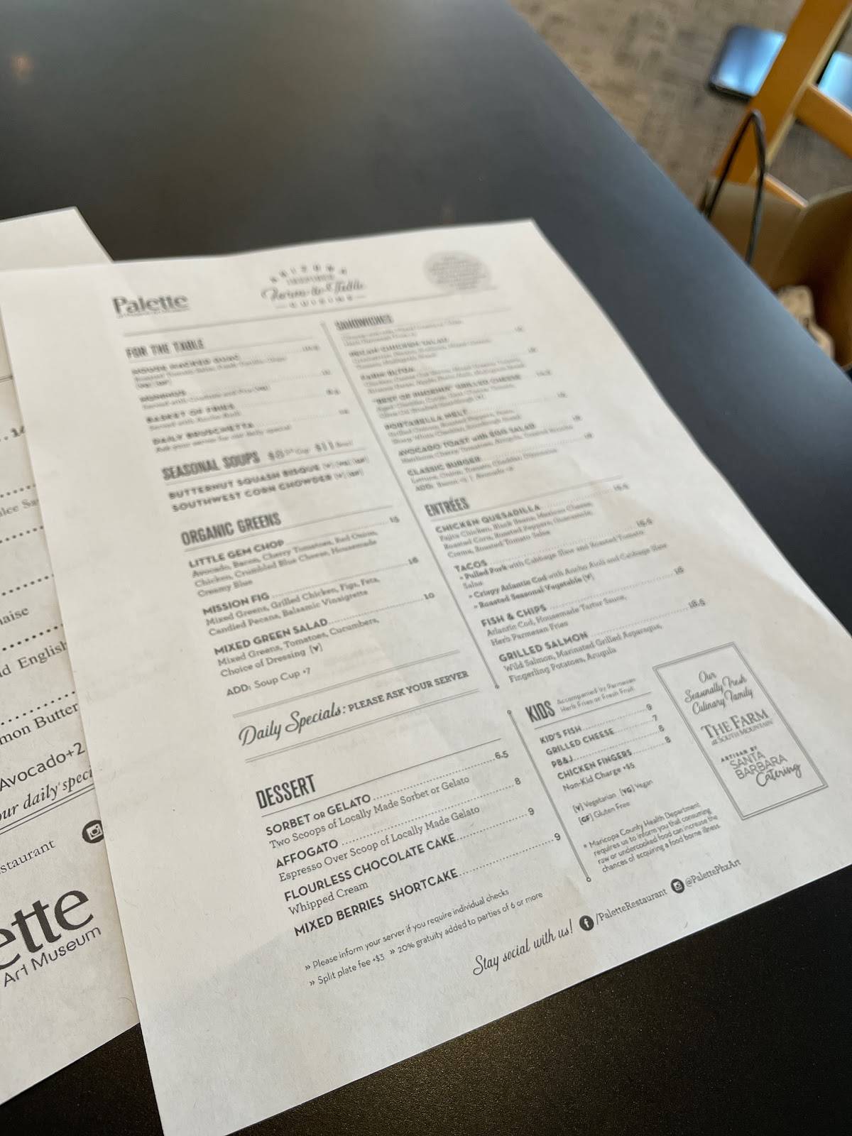 Menu at Temporary Café at Phoenix Art Museum cafe, Phoenix