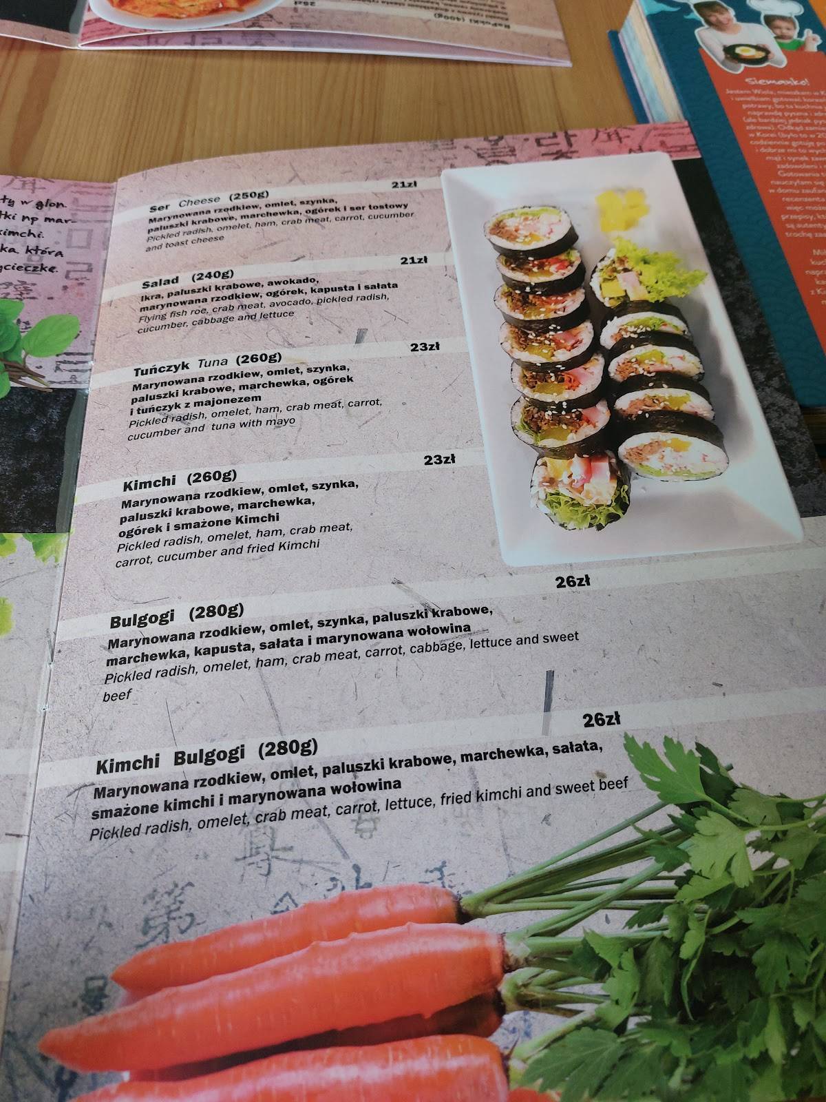 Menu at Pan KimBap restaurant, Kraków