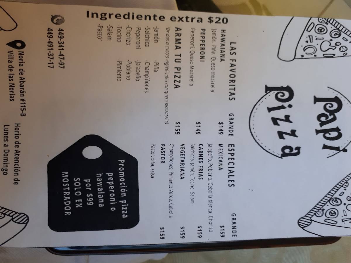 Menu at Papi Pizza restaurant, Aguascalientes