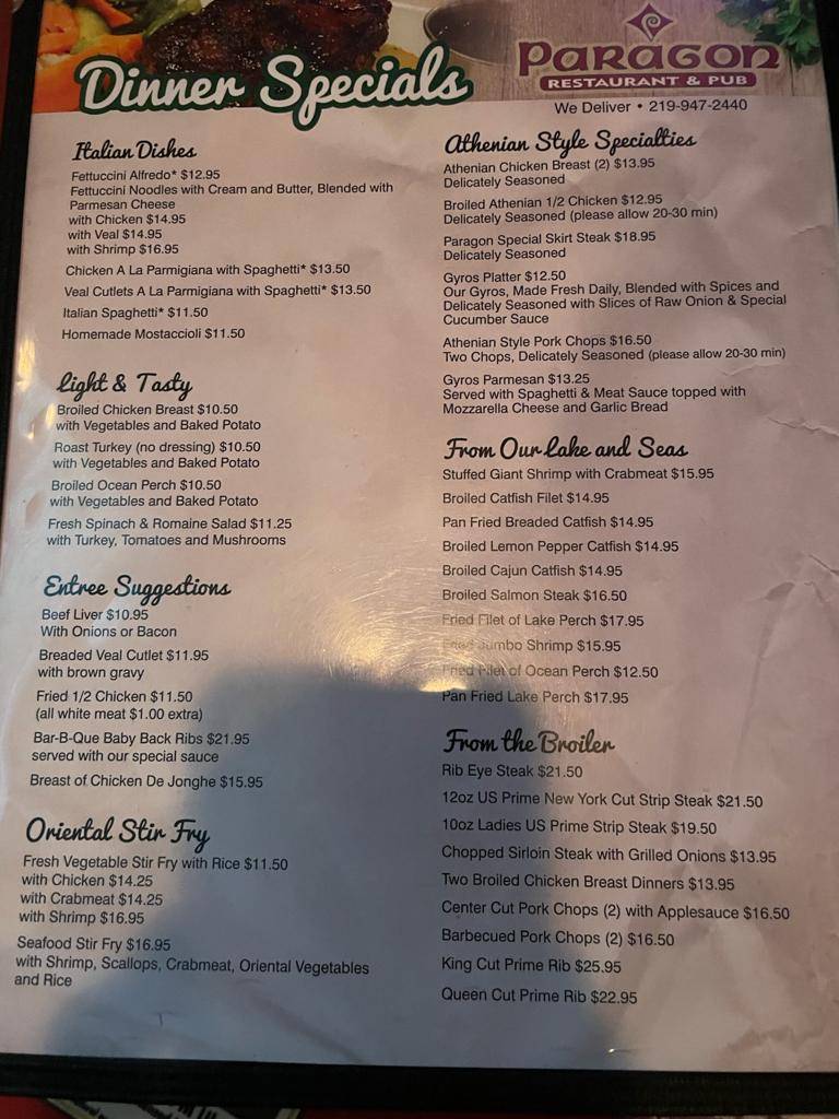 Menu at Paragon Restaurant, Hobart, E 37th Ave
