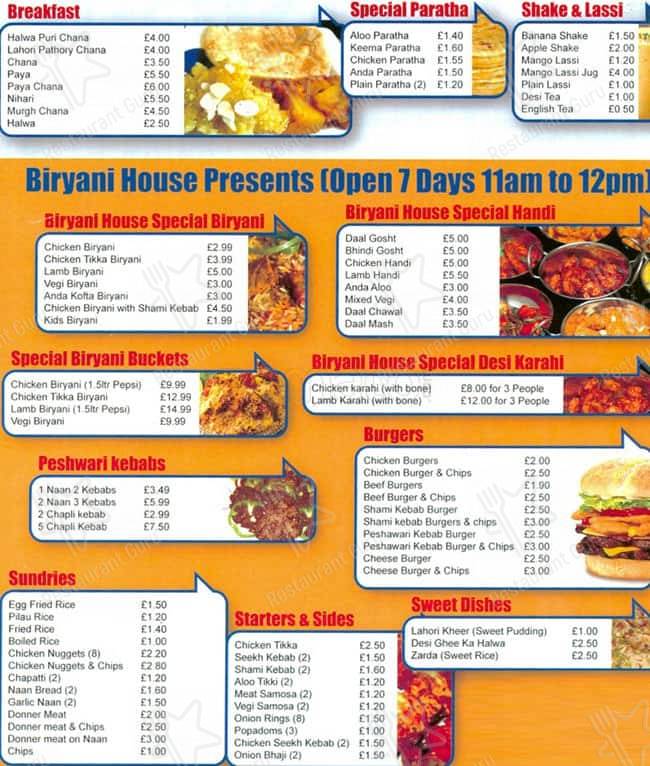 Menu at Paratha & Biryani House restaurant, Manchester