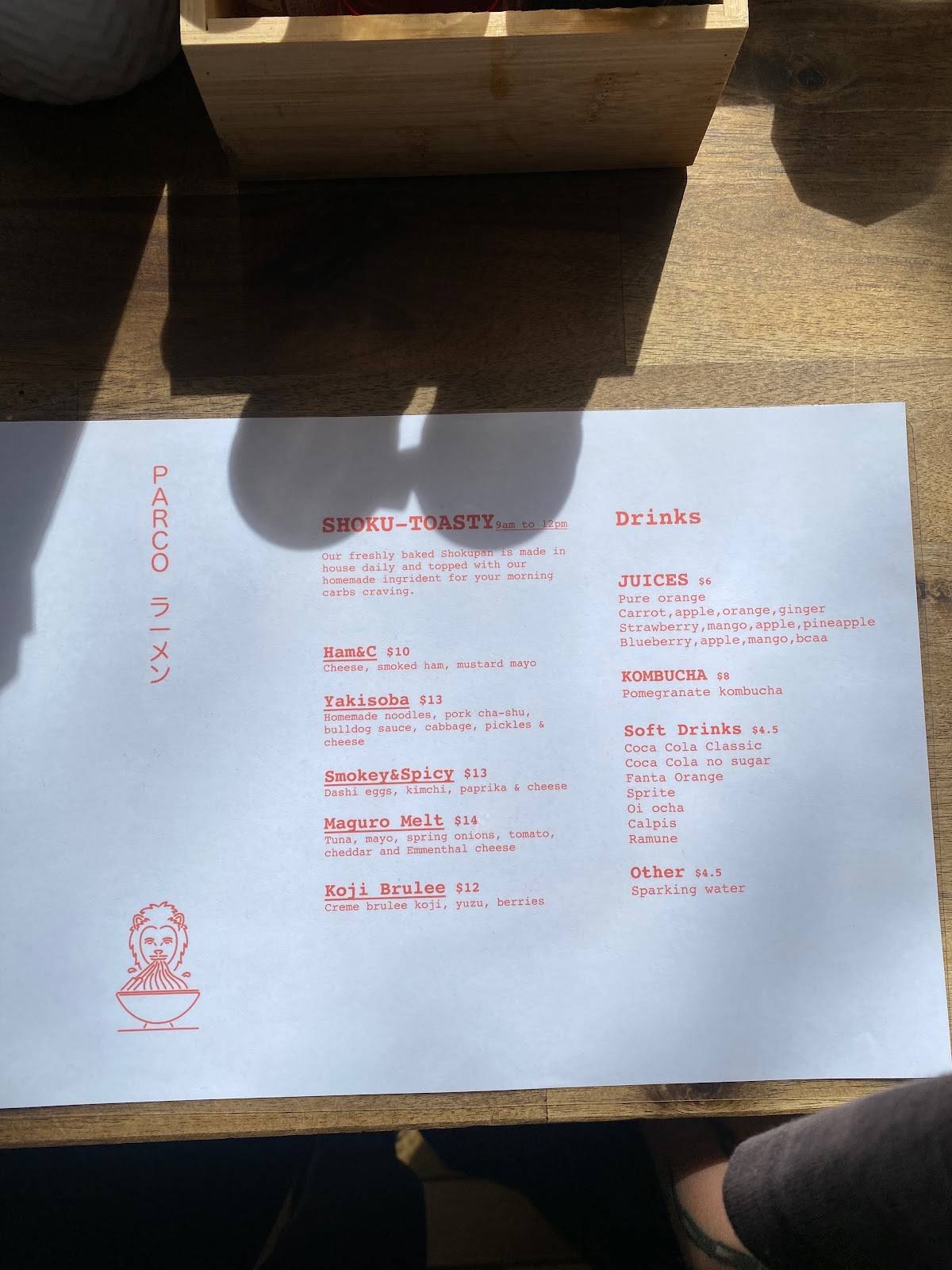 Menu at Parco Ramen restaurant, Moonee Ponds