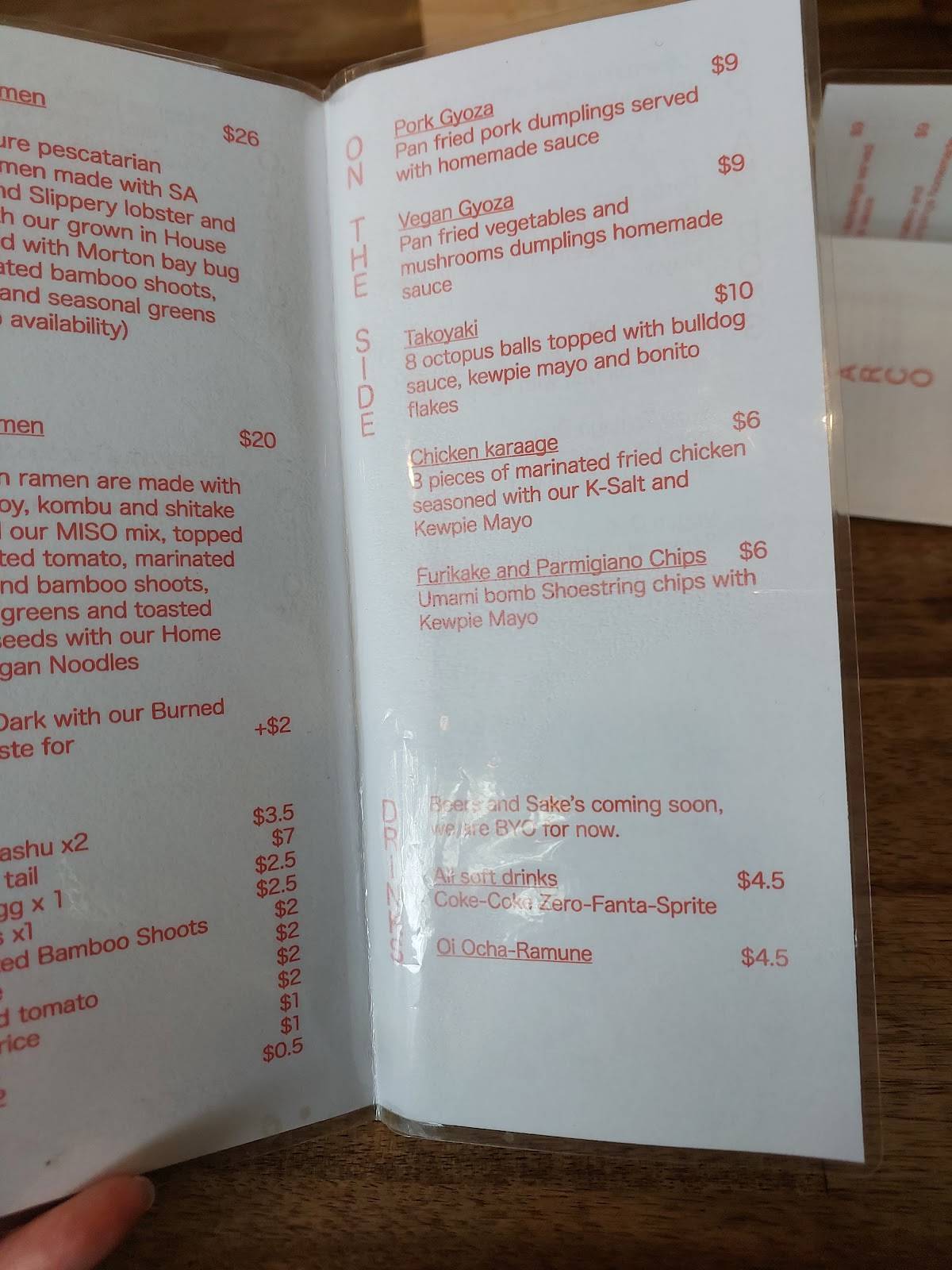 Menu at Parco Ramen restaurant, Moonee Ponds