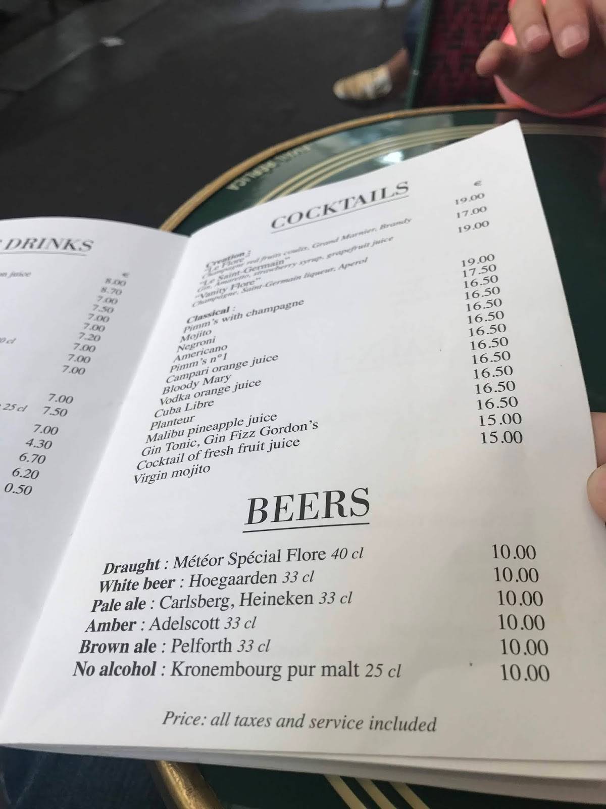 Menu at Café de Flore, Paris, 172 Bd Saint-Germain