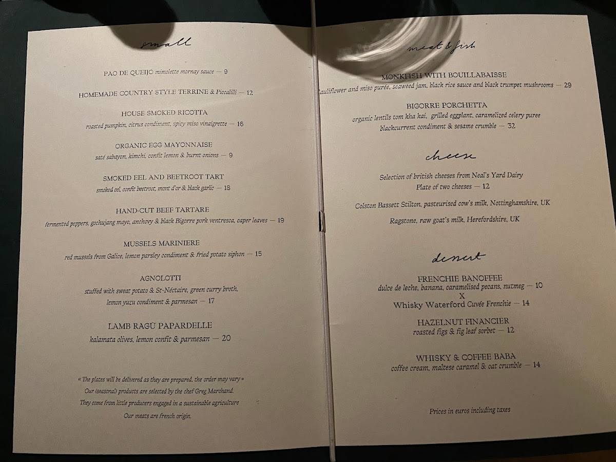 Menu at Frenchie restaurant, Paris, 5 Rue du Nil