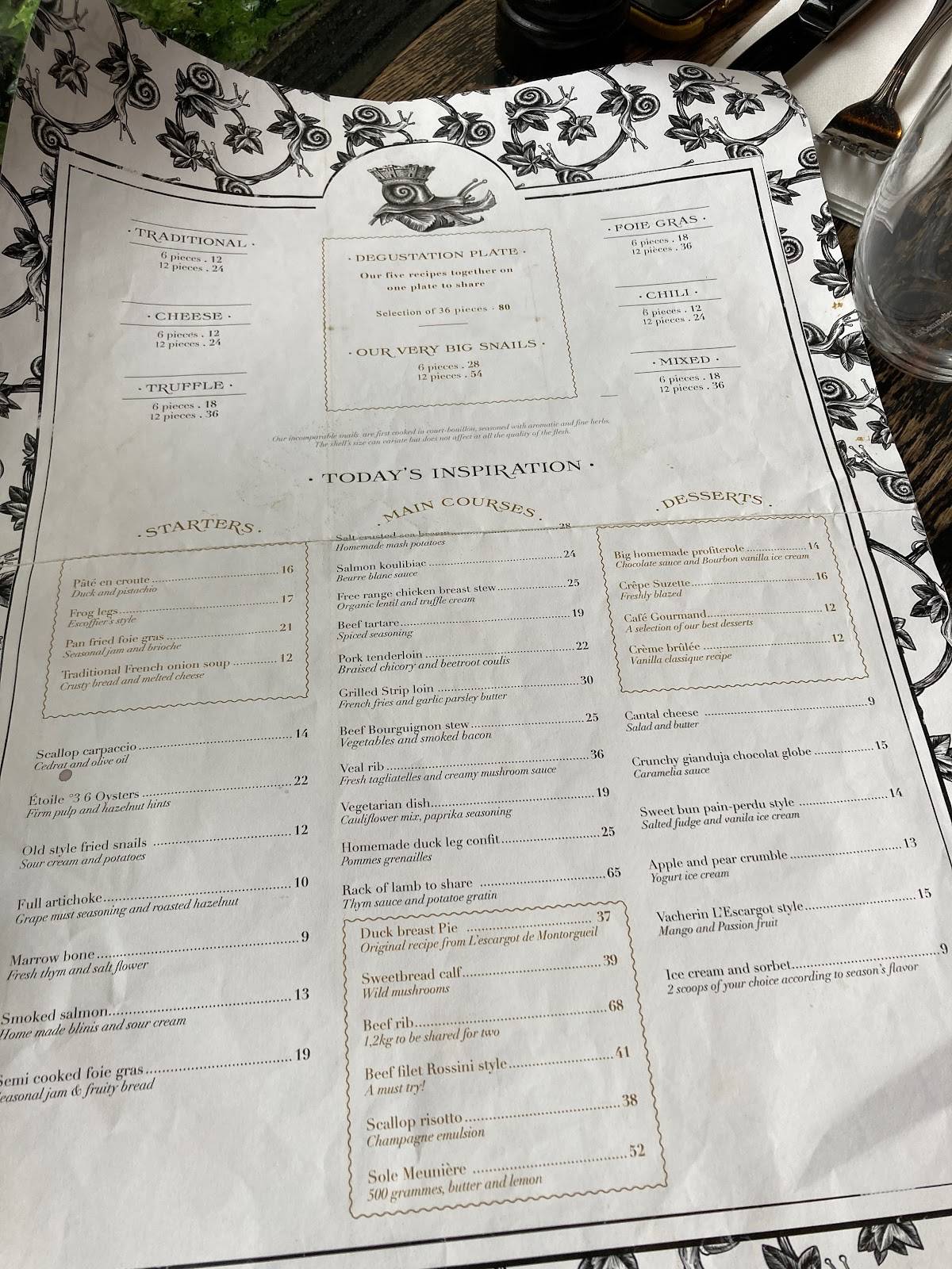 Menu at L'Escargot restaurant, Paris, 38 Rue Montorgueil