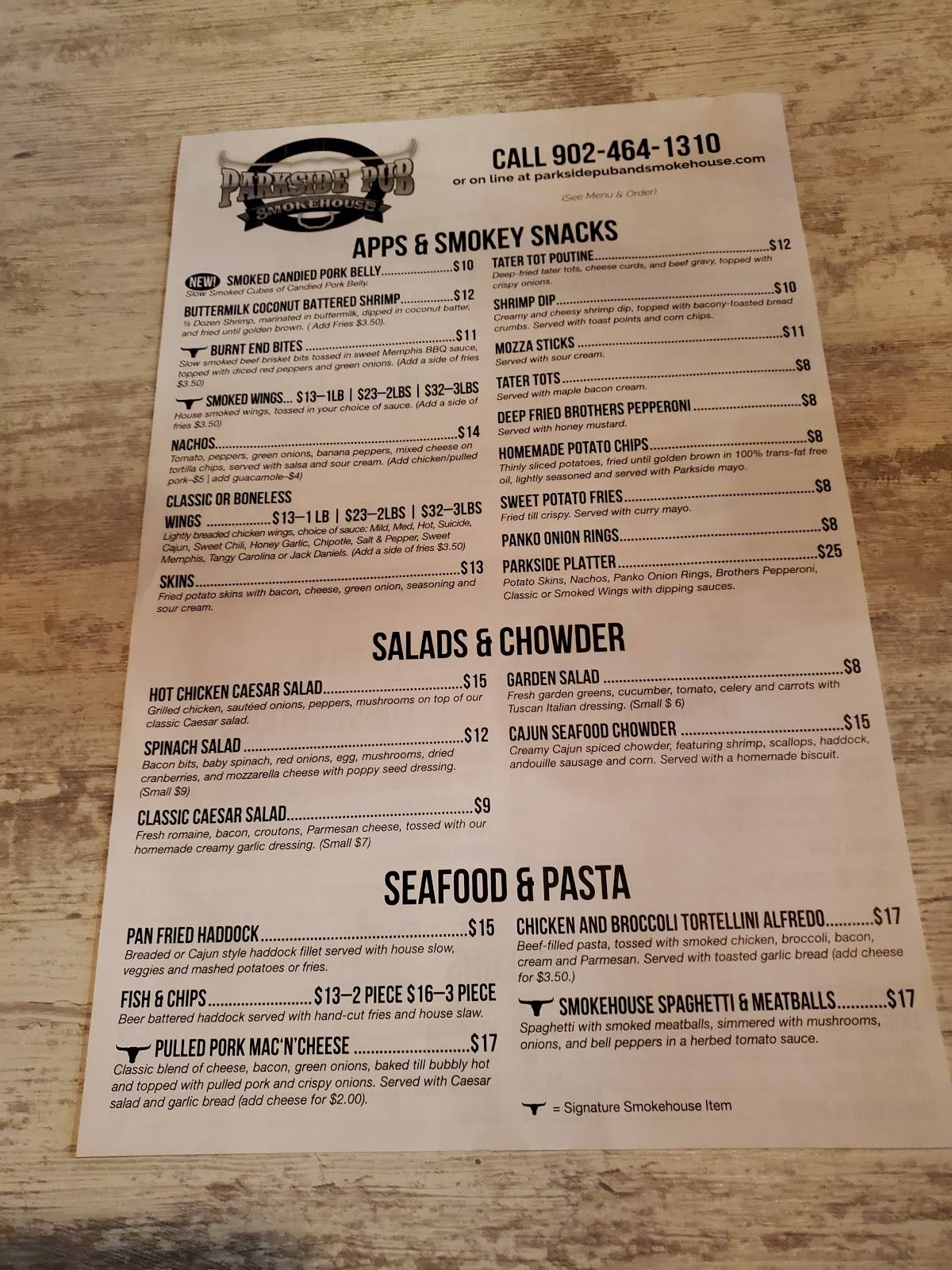 Menu at Parkside Pub & Smokehouse, Dartmouth, 14 Highfield Park Dr