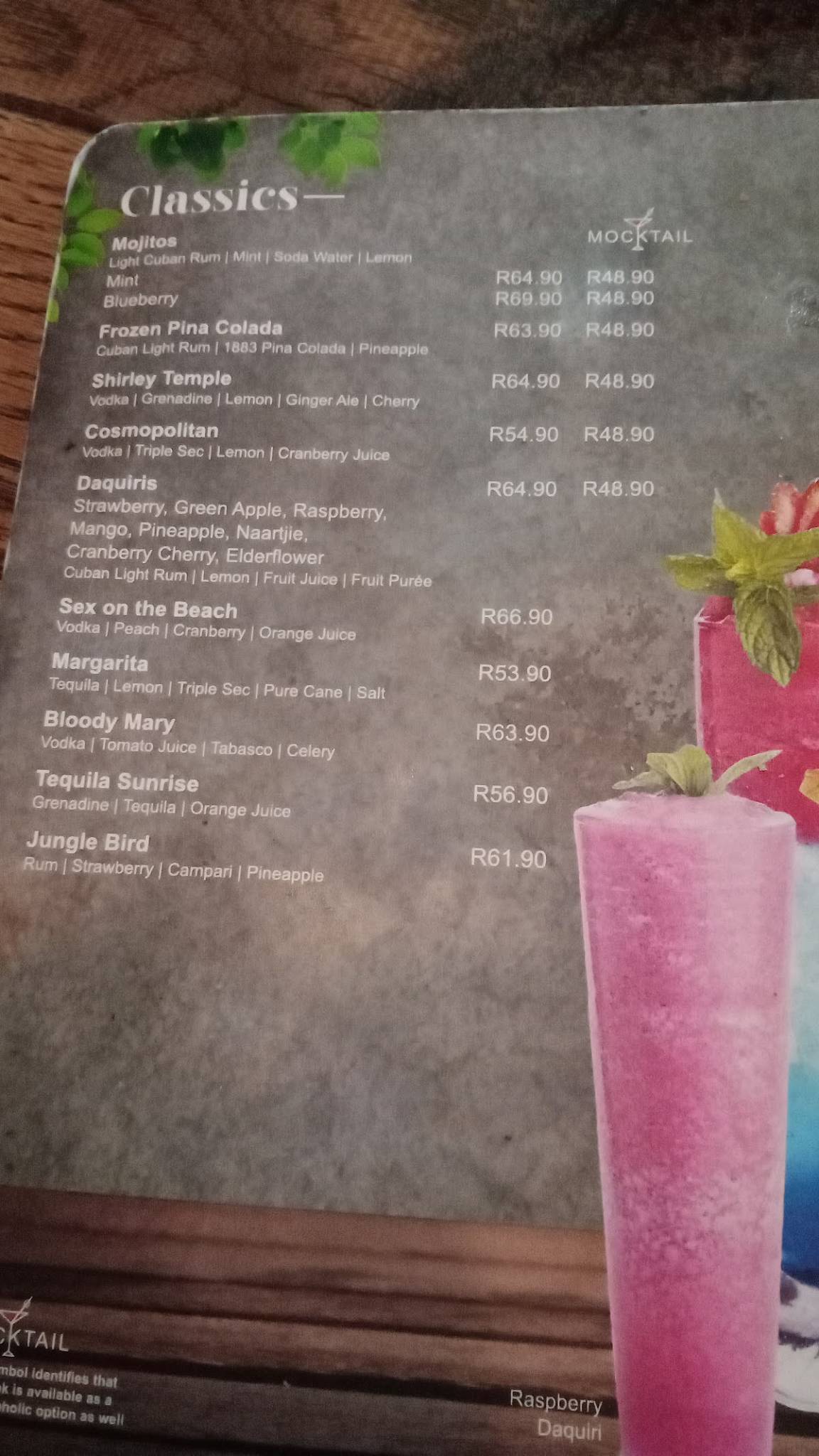 Menu at Parrots restaurant, Pretoria, Atterbury Road