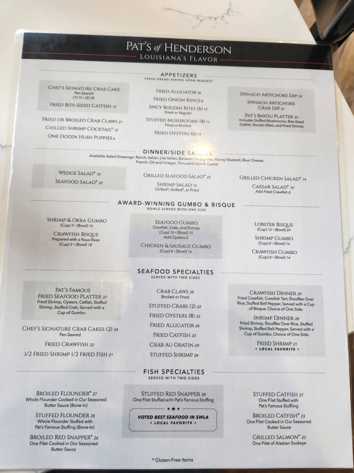 Menu at Pat's of Henderson steakhouse, Lake Charles