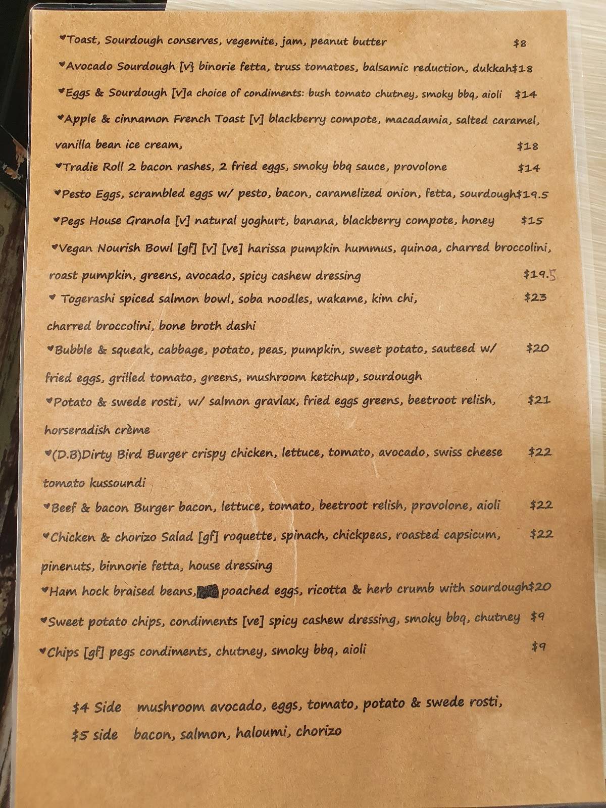 Menu at Pegs restaurant, Whitebridge